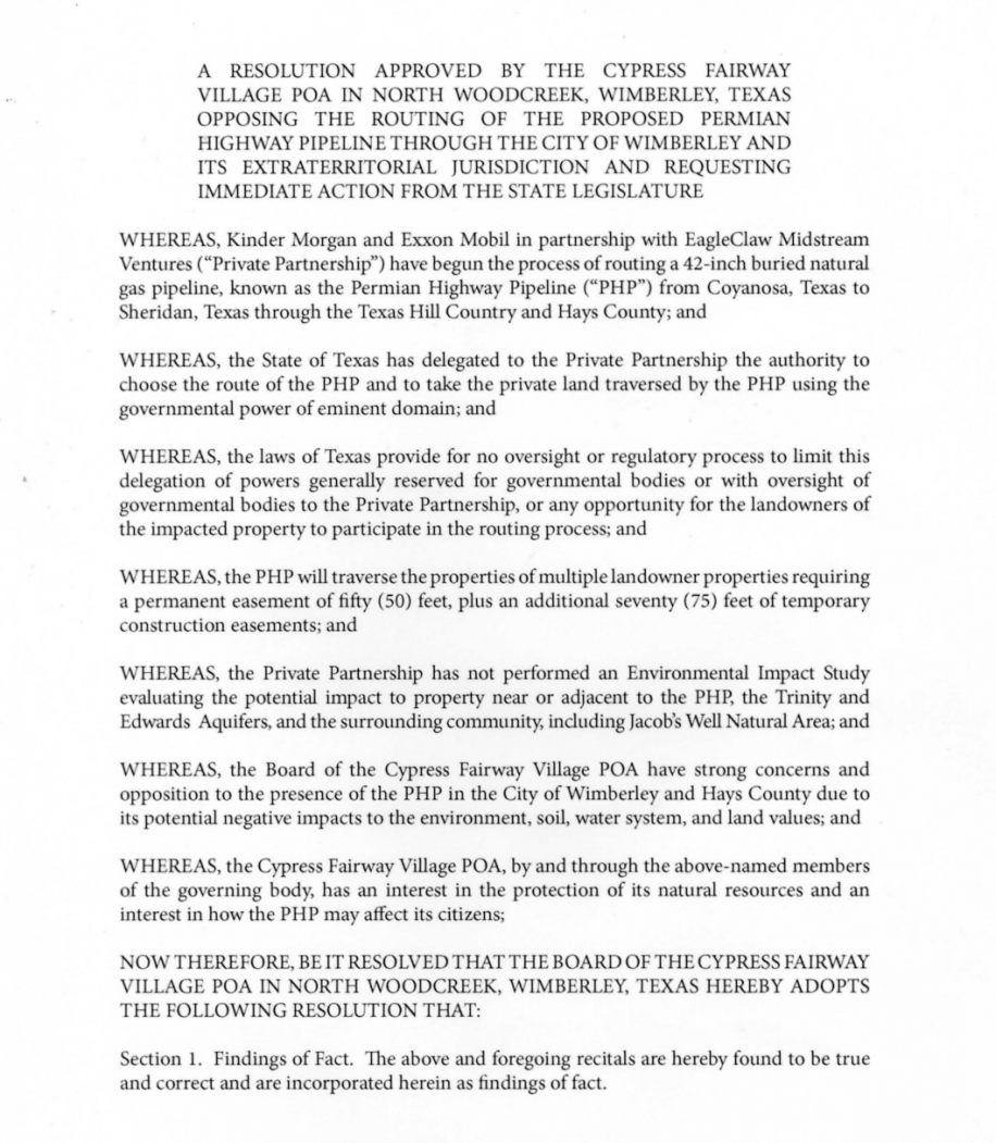 Cypress Fairway Village POA Resolution Opposing the Permian Highway ... Cypress Fairway Village POA Resolution Opposing the Permian Highway ...