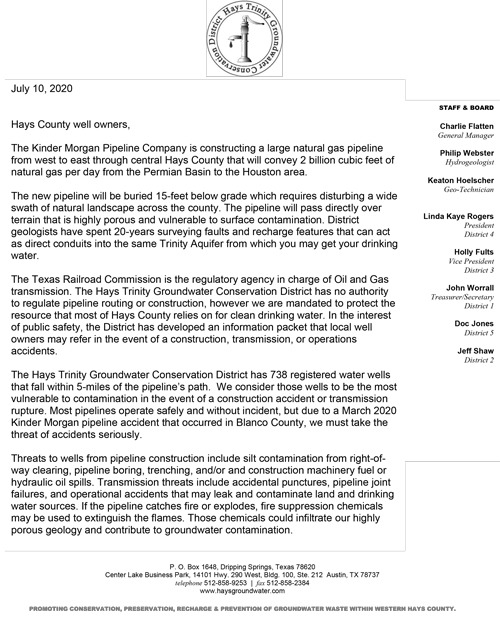 Letter to Hays Co. Well Owners from HTGCD - The Watershed Association